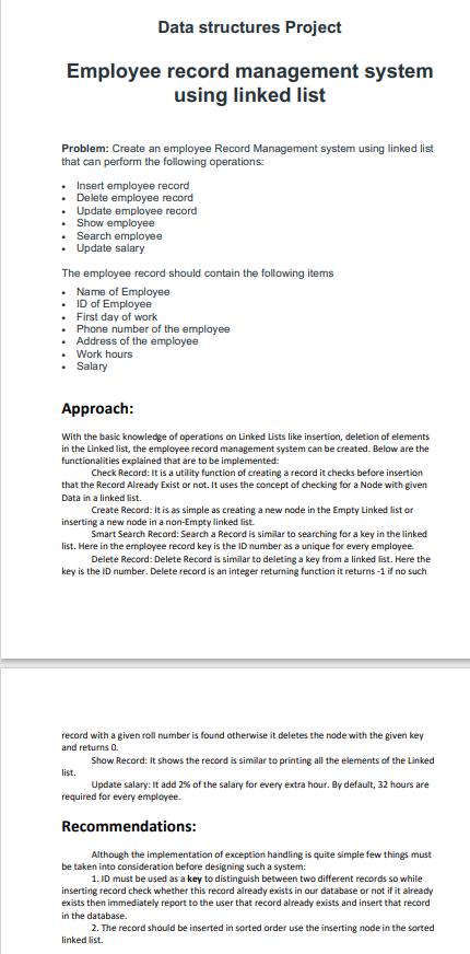 Solved Data structures Project Employee record management | Chegg.com