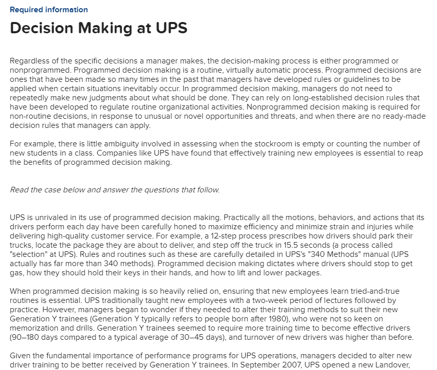Solved Required information Decision Making at UPS | Chegg.com