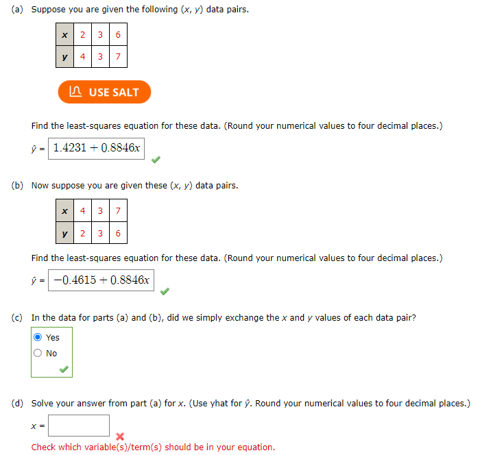 Solved (Solve your answer from part (a) ﻿for x. (Use yhat | Chegg.com