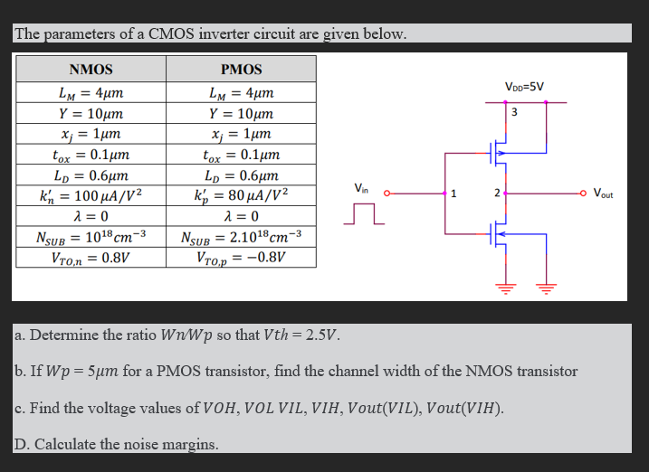 The parameters of a CMOS inverter circuit are given | Chegg.com