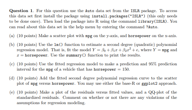 Question 1. For this question use the Auto data set | Chegg.com