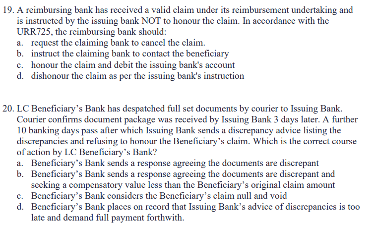 Solved 19. A reimbursing bank has received a valid claim | Chegg.com