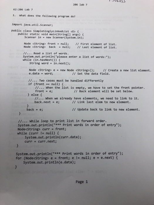 Solved 206 lab 7 62:206 Lab 7 1. What does the following | Chegg.com