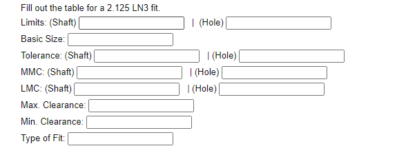 Solved | (Hole) Fill out the table for a 2.125 LN3 fit. | Chegg.com