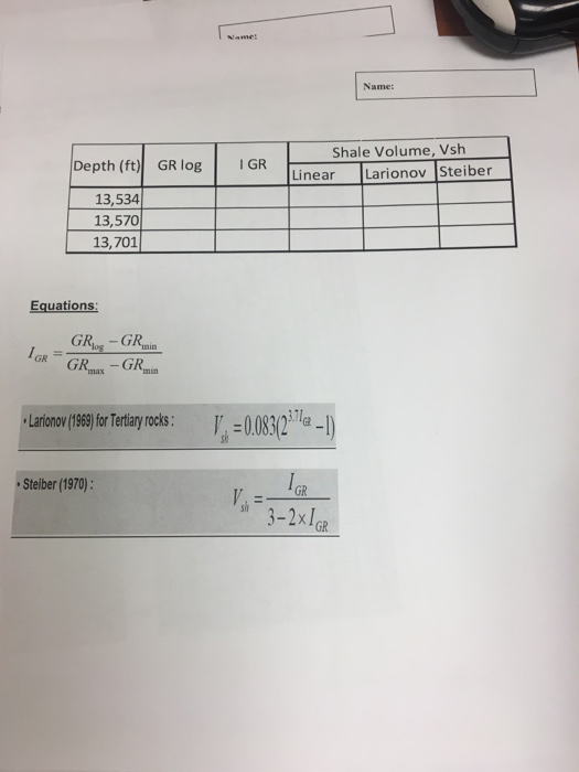 Solved Name: Determine the volume of shale from a gamma ray | Chegg.com