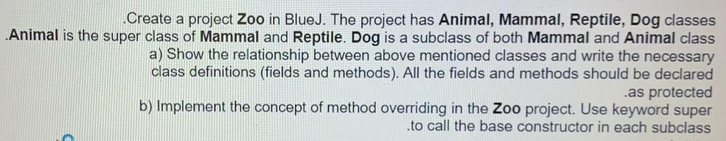 Solved Create a project Zoo in BlueJ. The project has | Chegg.com
