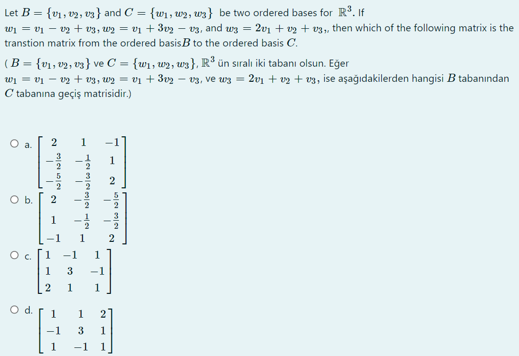 Solved Let B = {v1, V2, v3} and C = {W1, W2, W3} be two | Chegg.com