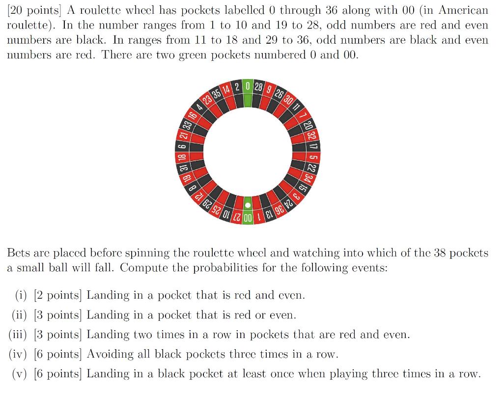 Solved [20 points) A roulette wheel has pockets labelled 0 | Chegg.com