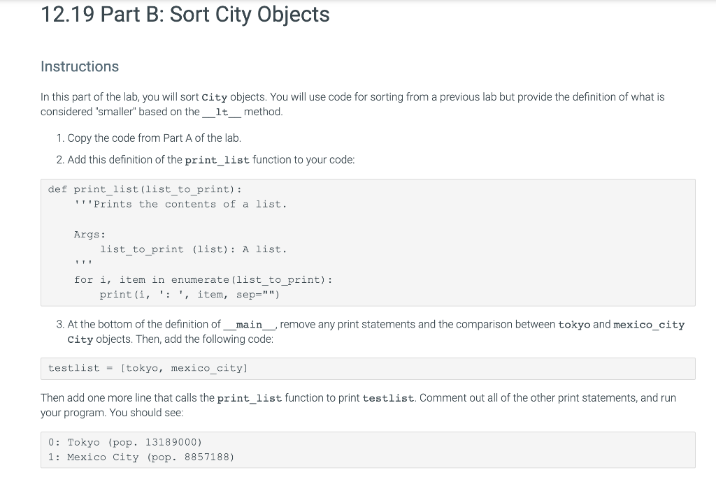 Solved 12.19 Part B: Sort City Objects Instructions In this | Chegg.com
