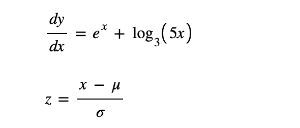 Solved dxdy=ex+log3(5x) z=σx−μ | Chegg.com