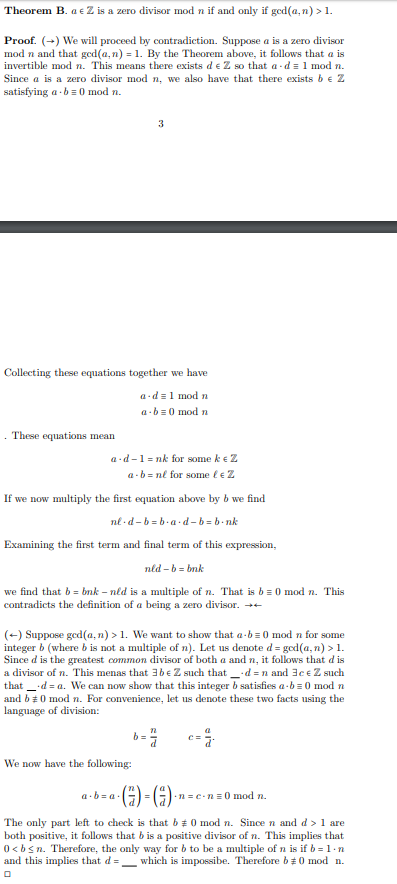 Solved Theorem B. a E Z is a zero divisor mod n if and only | Chegg.com