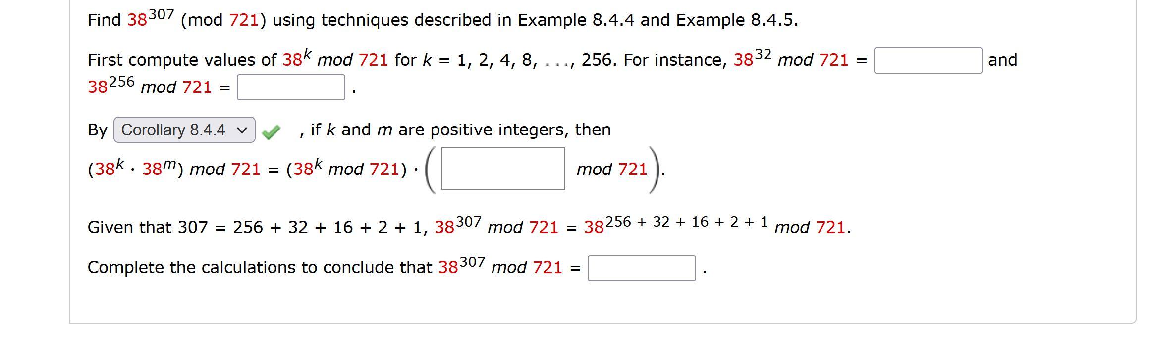 Solved Find 38307 (mod 721) using techniques described in | Chegg.com