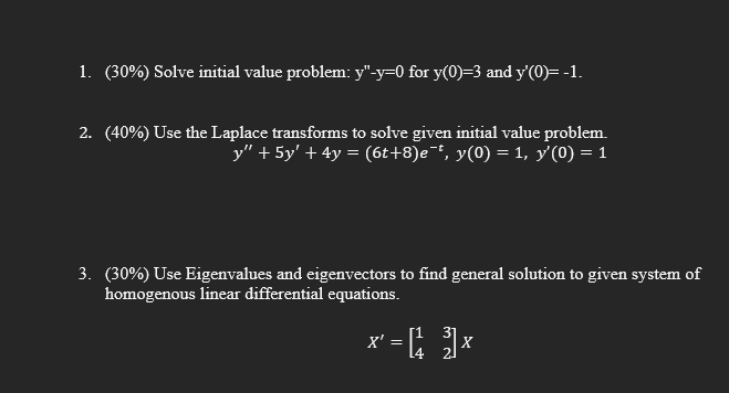 Solved 1. (30\%) Solve initial value problem: y′′−y=0 for | Chegg.com
