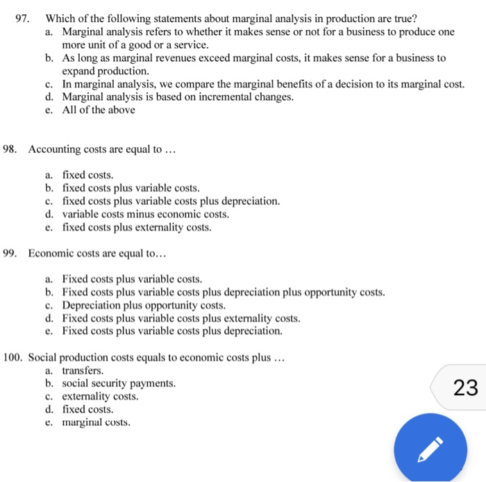 Solved 97. Which of the following statements about marginal | Chegg.com