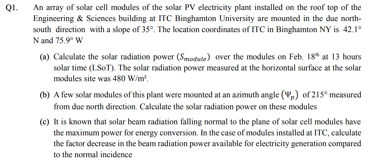 Q1. An array of solar cell modules of the solar PV | Chegg.com