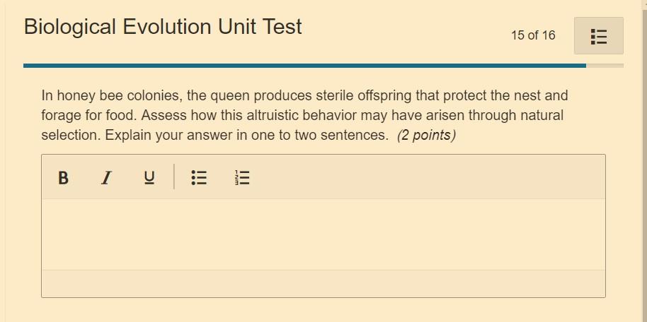 Solved Biological Evolution Unit Test 15 of 16 In honey bee | Chegg.com