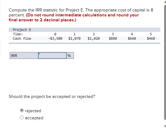 Solved Compute the IRR statistic for Project E. The | Chegg.com