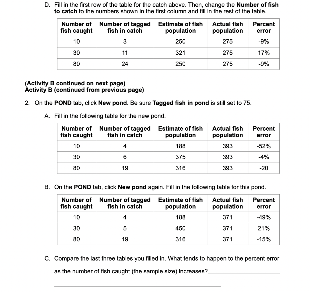 Solved D. Fill in the first row of the table for the catch | Chegg.com