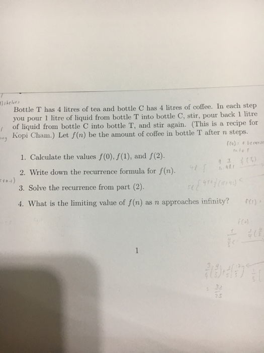 Solved Bottle T has 4 liters of tea and bottle C has 4 | Chegg.com