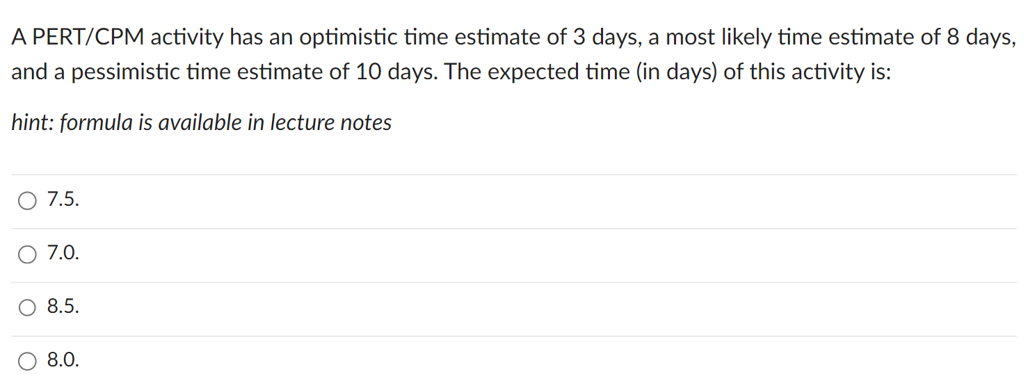 Solved A PERT/CPM activity has an optimistic time estimate | Chegg.com