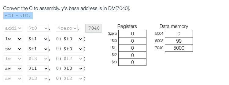 Solved Convert the C to assembly. y's base address is in | Chegg.com