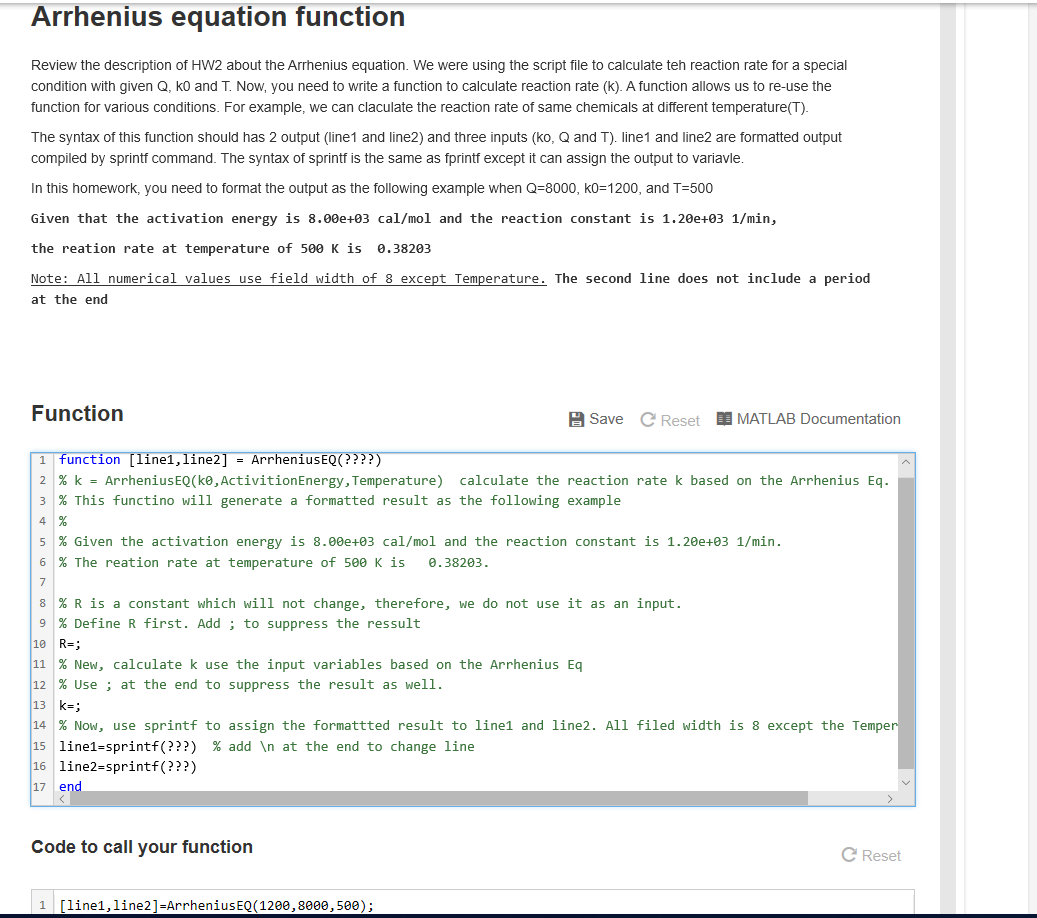 Solved Arrhenius equation function Review the description of | Chegg.com