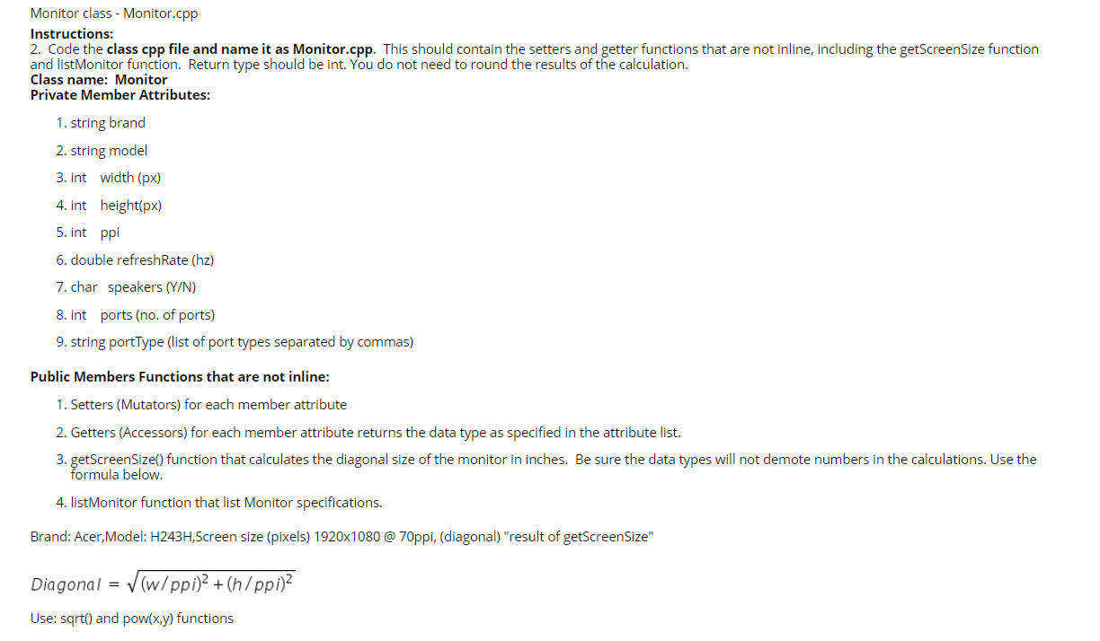 Solved Monitor class header file: Monitor.h Instructions: 1. | Chegg.com