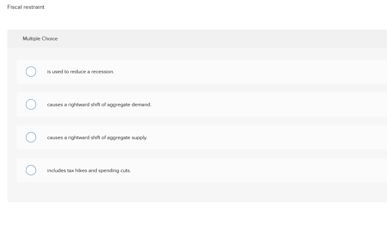 Solved Fiscal restraint Multiple Choice is used to reduce a | Chegg.com