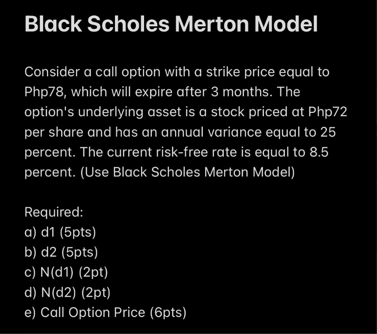 Black Scholes Merton Model Consider a call option | Chegg.com