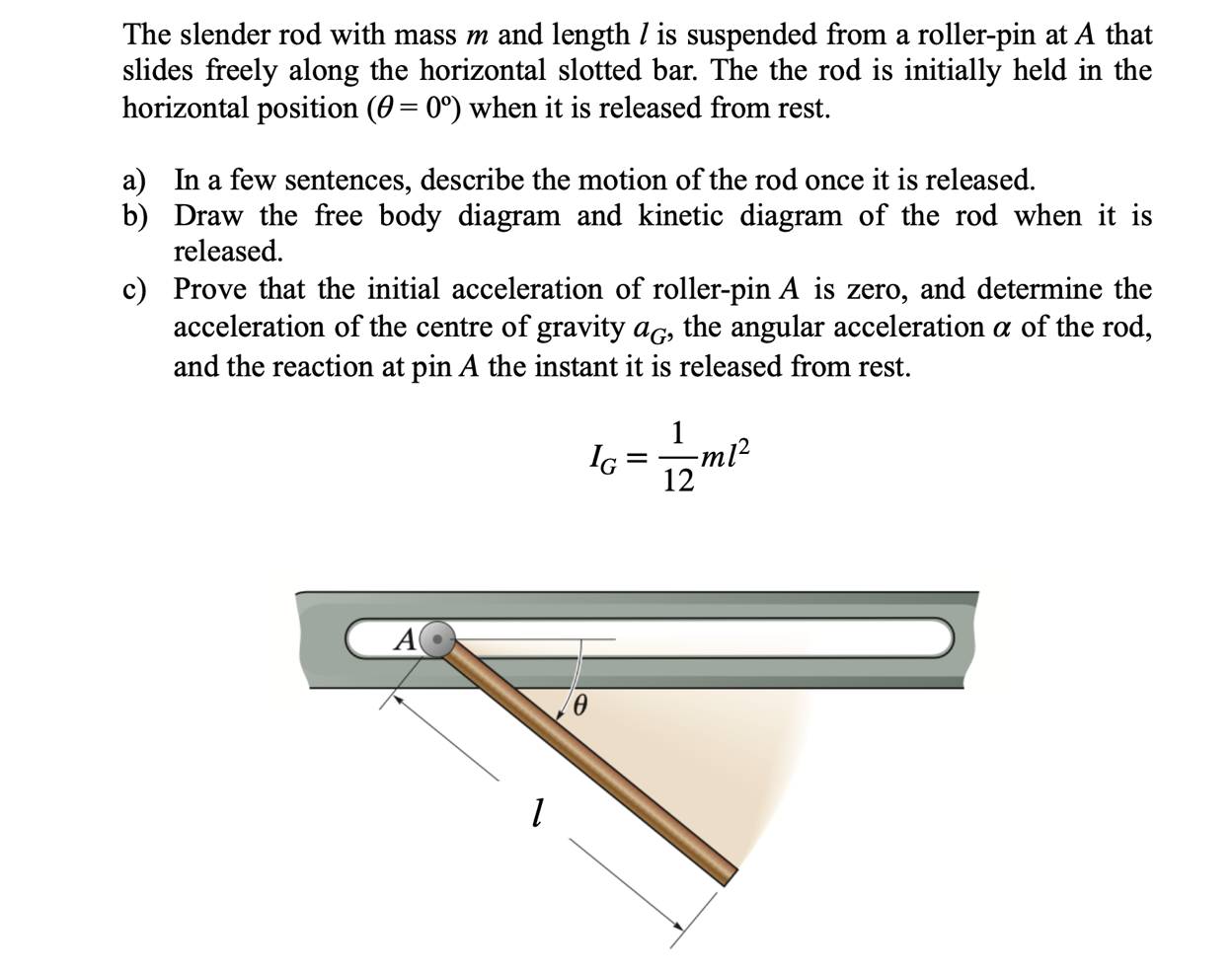 Solved The slender rod with mass m and length 1 is suspended | Chegg.com