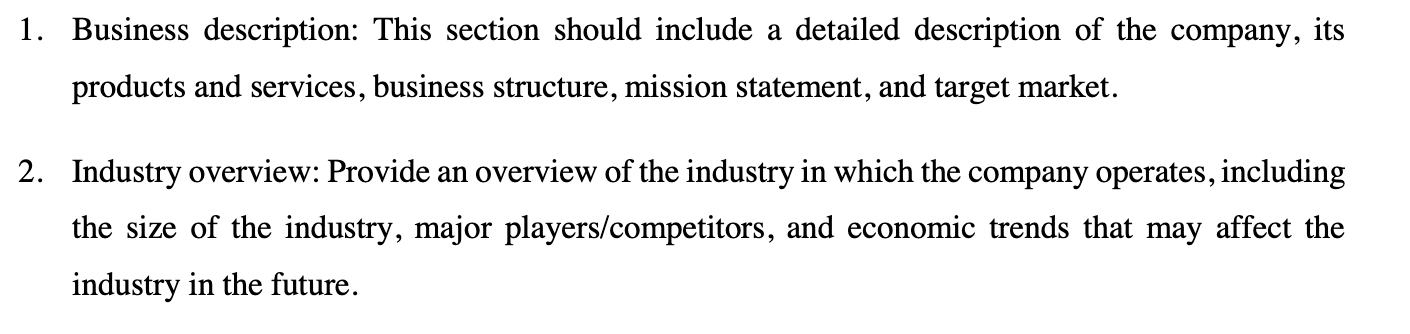 Solved 1. Business description: This section should include | Chegg.com