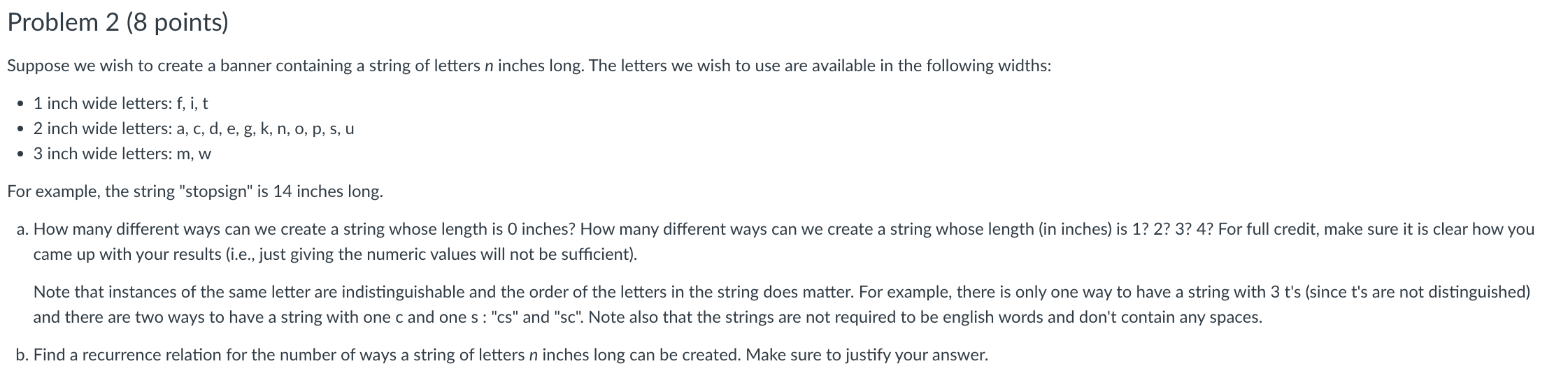 Solved - 1 inch wide letters: f,i,t - 2 inch wide letters: | Chegg.com
