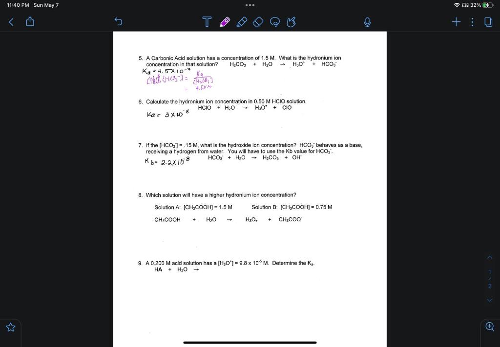 Solved 5. A Carbonic Acid solution has a concentration of | Chegg.com