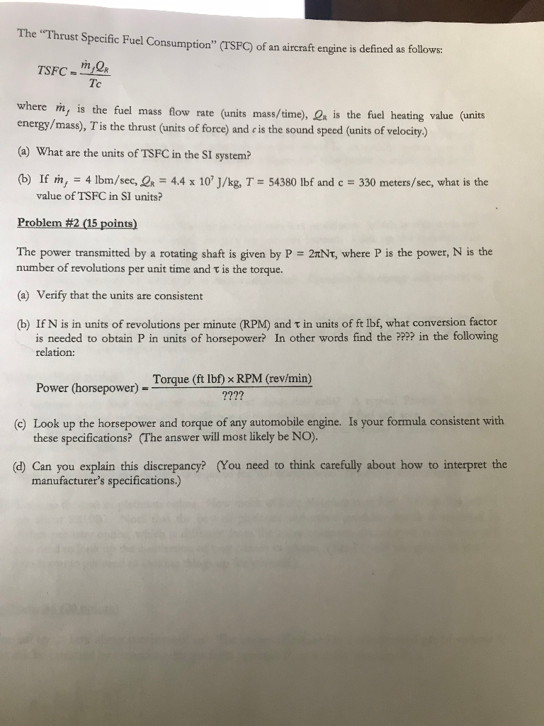 Solved The "Thrust Specific Fuel Consumption" (TSFC) of an | Chegg.com