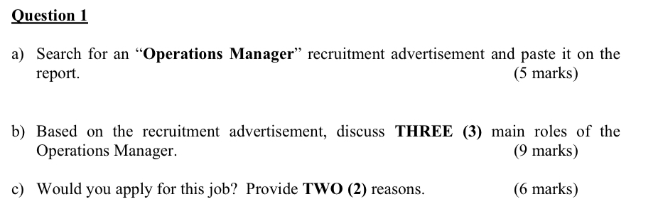 Solved Question 1 a) Search for an "Operations Manager" | Chegg.com