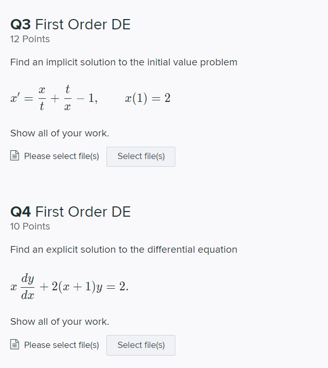 Solved Q3 First Order DE 12 Points Find an implicit solution | Chegg.com