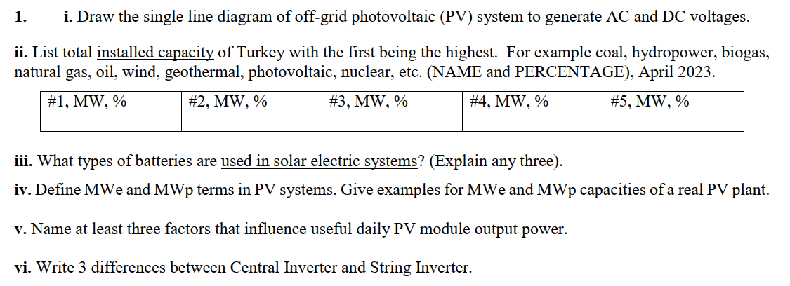 Solved 1. i. Draw the single line diagram of off-grid | Chegg.com