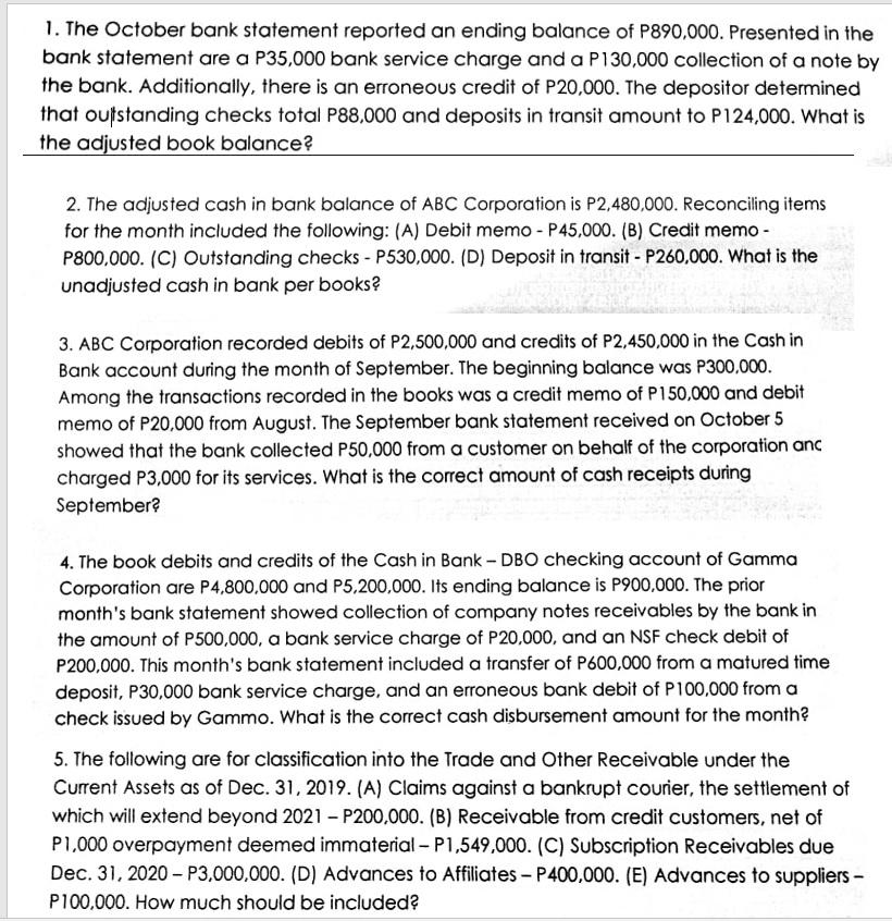 Solved 1. The October bank statement reported an ending | Chegg.com