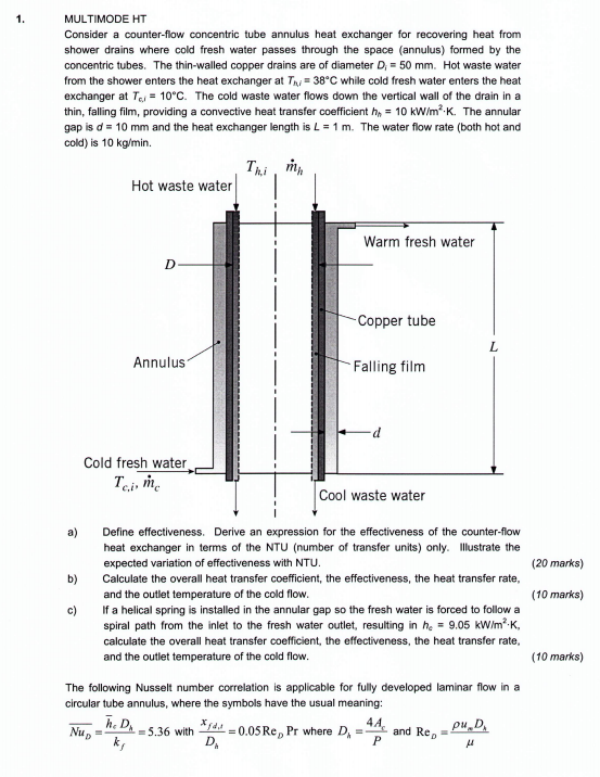 Solved 1. MULTIMODE HT Consider a counter-flow concentric | Chegg.com