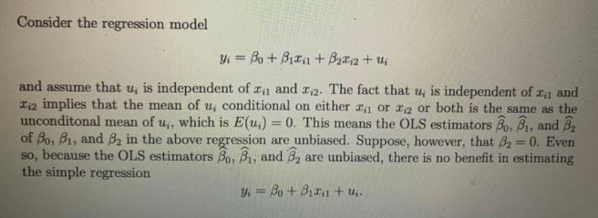 Consider the regression model yi=β0+β1xi1+β2xi2+ui | Chegg.com