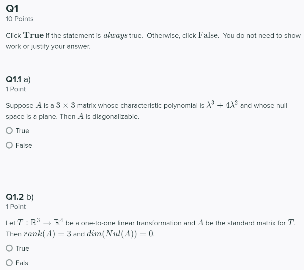Solved Q1 10 Points Click True if the statement is always | Chegg.com