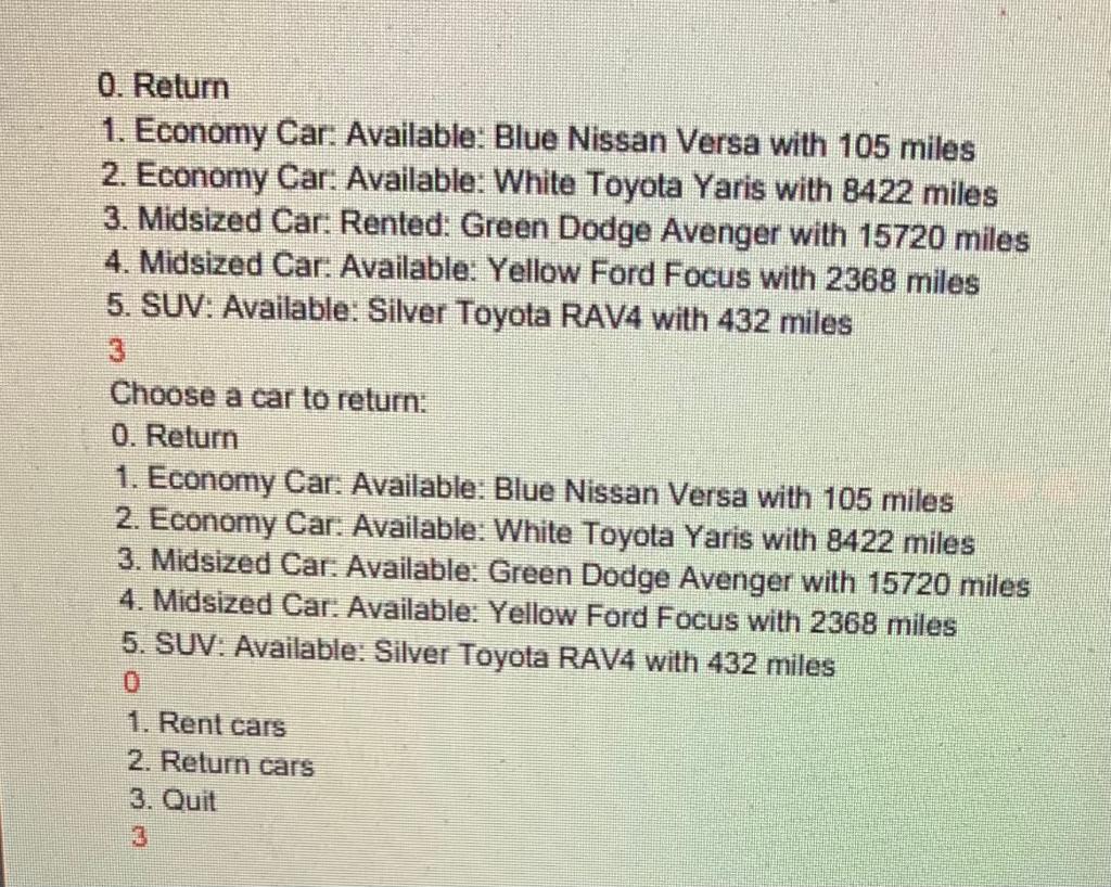 Solved CSE1322 Assignment 3 Background: A rental car company | Chegg.com