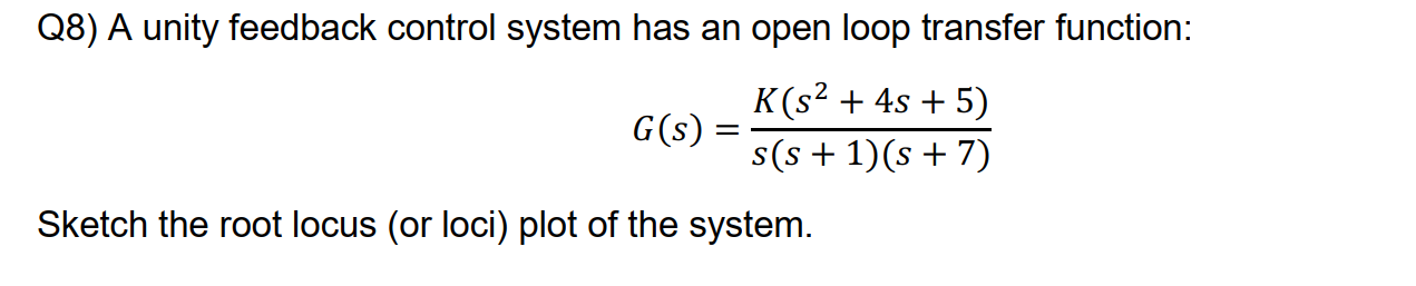 Solved Q8) A unity feedback control system has an open loop | Chegg.com