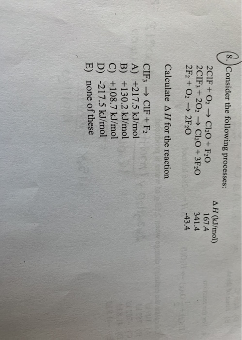 Solved 8.Consider the following processes: AH (kJ/mol) 2CIF+ | Chegg.com