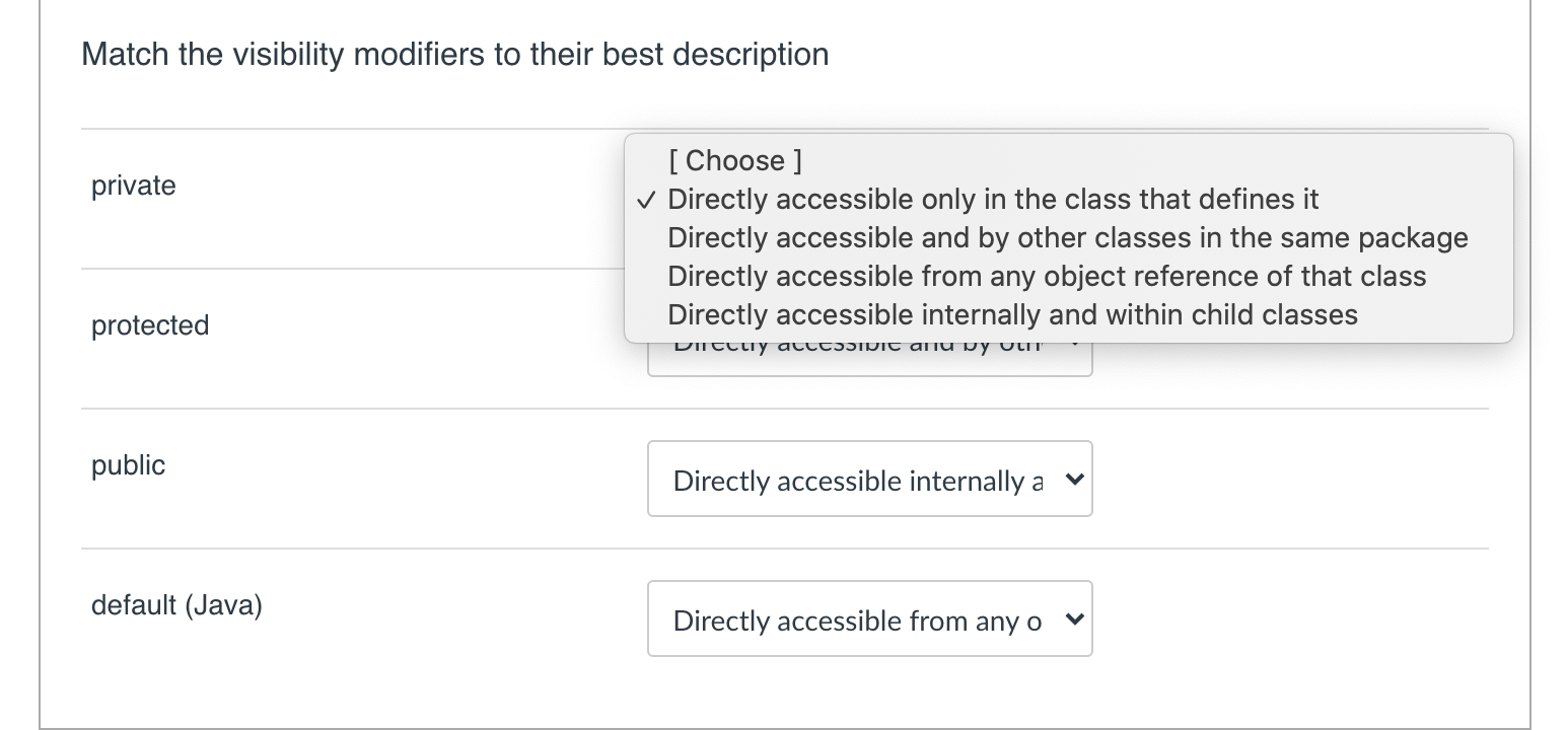 Solved Match the visibility modifiers to their best | Chegg.com