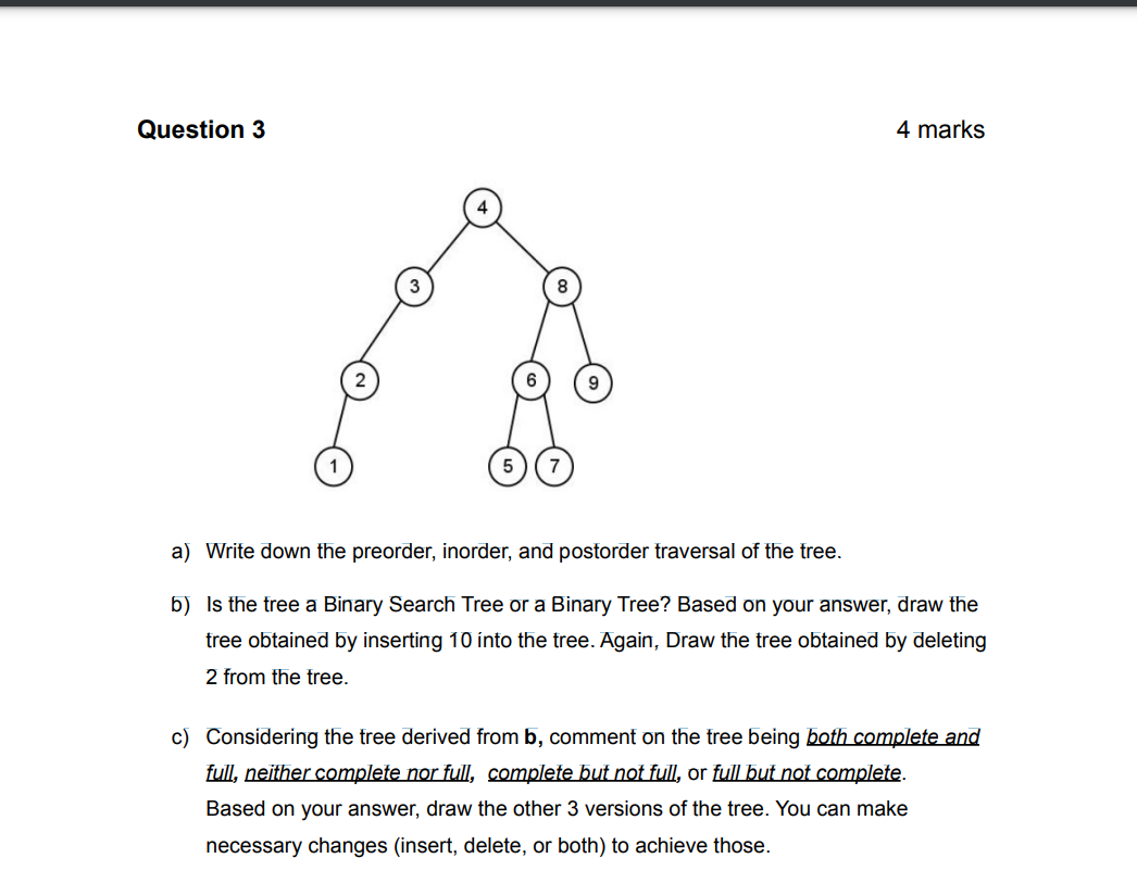 Solved Question 3 4 marks a) Write down the preorder, | Chegg.com