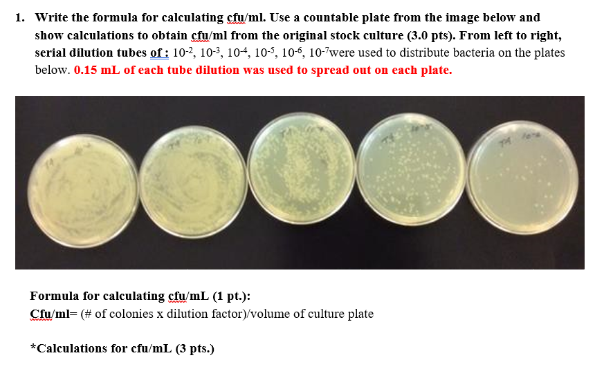 Solved 1. Write the formula for calculating cfu/ml. Use a | Chegg.com