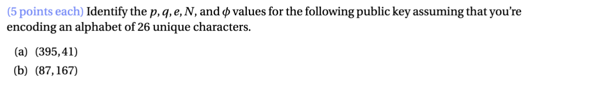 Solved (5 ﻿points each) ﻿Identify the p,q,e,N, ﻿and φ | Chegg.com