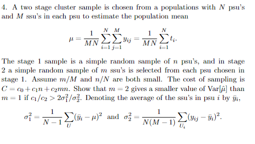 1 ΣΣ9 4. A two stage cluster sample is chosen from a | Chegg.com