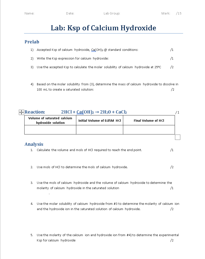 Solved Name: Date: Lab Group: Mark: /15 Lab: Ksp of Calcium | Chegg.com